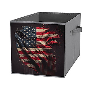 OPOZSDF Collapsible Storage Bin, 10.6 x 10.6 inch Storage Cube Organizer Compatible with American Flag Art, Decorative Storage Basket for Shelves Laundry 1 Piece