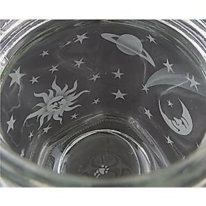 IncisoArt Hand Etched Glass Jar Airtight Canister Sandblasted (Sand Carved) Handmade Engraved Locking Wire Clamp Lid (Sun Moon Stars Planets, 38 Ounce)