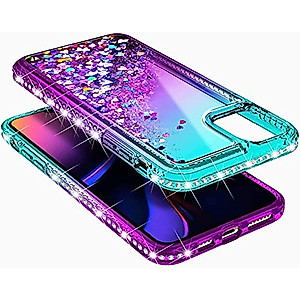 NGB Compatible with iPhone 12 Mini Case with Tempered Glass Screen Protector, Ring Holder/Wrist Strap, Girls Women Liquid Bling Sparkle Floating Glitter Cute Phone Case (Aqua/Purple)