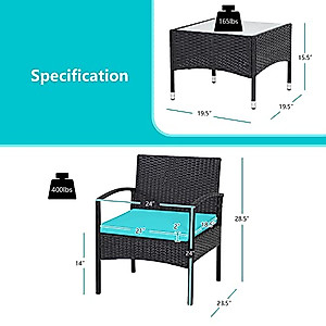 RELAX4LIFE 3-Piece Patio Furniture Set - Rattan Conversation Set, Wicker Bistro Set W/ 2 Chairs, Glass Table, Steel Frame, Outdoor Chairs Set for Yard, Balcony, Front Porch Furniture(Turquoise)