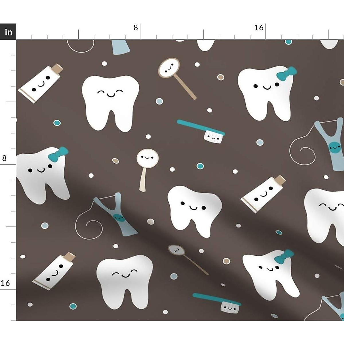 Spoonflower Fabric - Happy Teeth Large Brown Teal Dental Dentist Tooth Toothpaste Printed on Petal Signature Cotton Fabric by The Yard - Sewing Quilting Apparel Crafts Decor