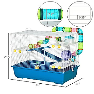 PawHut 31" Extra Large Hamster Cage with Tubes and Tunnels, 4 Tier Small Animal Cage with Portable Carry Handles, Rat Gerbil Cage with Water Bottle, Food Dish, Exercise Wheel