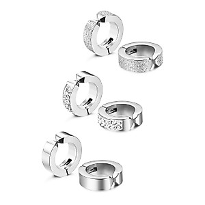 Jstyle 3 Pairs Stainless Steel Mens Womens Hoop Earrings Clip On CZ Non-Piercing S