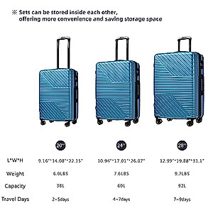 Merax Luggage Sets 3 Piece Suitcases Set ABS Expandable 8 Wheels Spinner Suitcase, TSA Lock Travel Luggage For Man And Women (Blue)