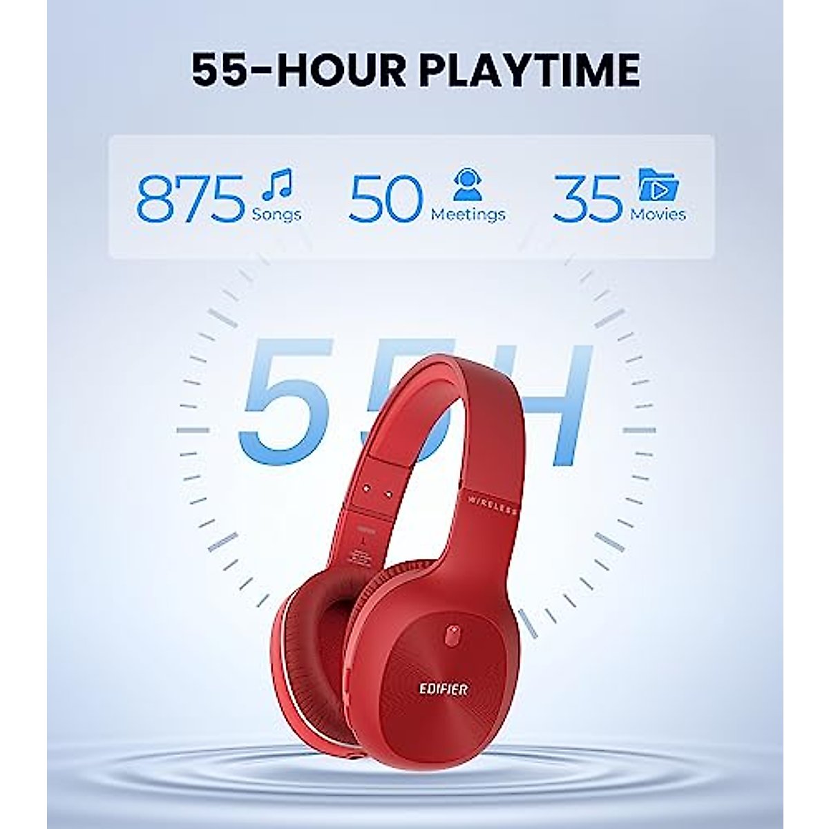 Edifier W800BT Plus Wireless Headphones Over-Ear Headset - Qualcomm® aptX - Bluetooth V5.1 - CVC™ 8.0 Call Noise Cancelling - 55H Playtime - Built-in Microphone - Physical Button and App Control, Red