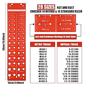 Retisee 28 Size 4'' x 20'' Bolt and Nut Identifier Gauge Nut Bolt Size and Thread Identifier Thread Pitch Gauge Standard Inch and Centimeter Ruler (Red,Classic)