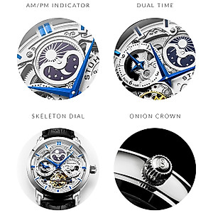 Stuhrling Original Legacy Men's Automatic Watch Stainless Steel 46 MM Case Genuine Leather Strap Watch Black (Silver)