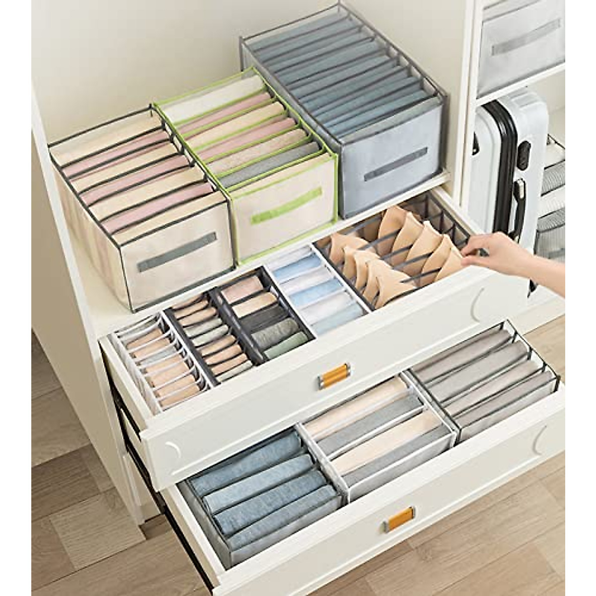 ChezMax Foldable Clothes Organizer Box, Mesh Closet Underwear Storage Bins, Grey Washable Folded Wardrobe Drawer Dividers Set, 6/7/24 Compartment/Grids for Clothing Socks Jeans Pants Ties Scarves Bras