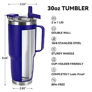 30oz Tumbler with Handle, Insulated Leak Proof Coffee Travel Mug with Straw Lid Double Wall Stainless Steel Vacuum Tumblers Metal Cup Keep Hot and Iced Drink for Gym, Office, Camping, Blue 1 Pack