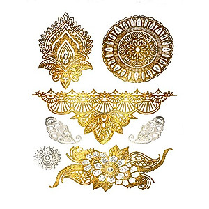 Terra Tattoos Gold Metallic Temporary Tats Geometric Henna Designs Waterproof Nontoxic Long Lasting Perfect for Beach, Festivals, & more! (Maya)