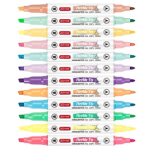 ZEYAR Flexible Tip Highlighter, Dual Tips Marker Pen, Chisel and Fine Tips, Flexible Tip and Soft Touch, Water Based, Assorted Colors, Quick Dry (12 Colors)