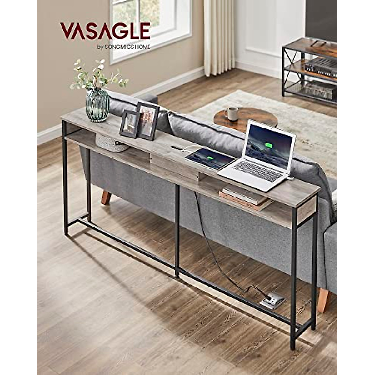 VASAGLE Narrow Console Table - 70.9 Inch Sofa Table with 2 Outlet and 2 USB Ports, Long Entryway Table for Hallway, Behind The Couch, Home Office or Living Room ULNT118B02