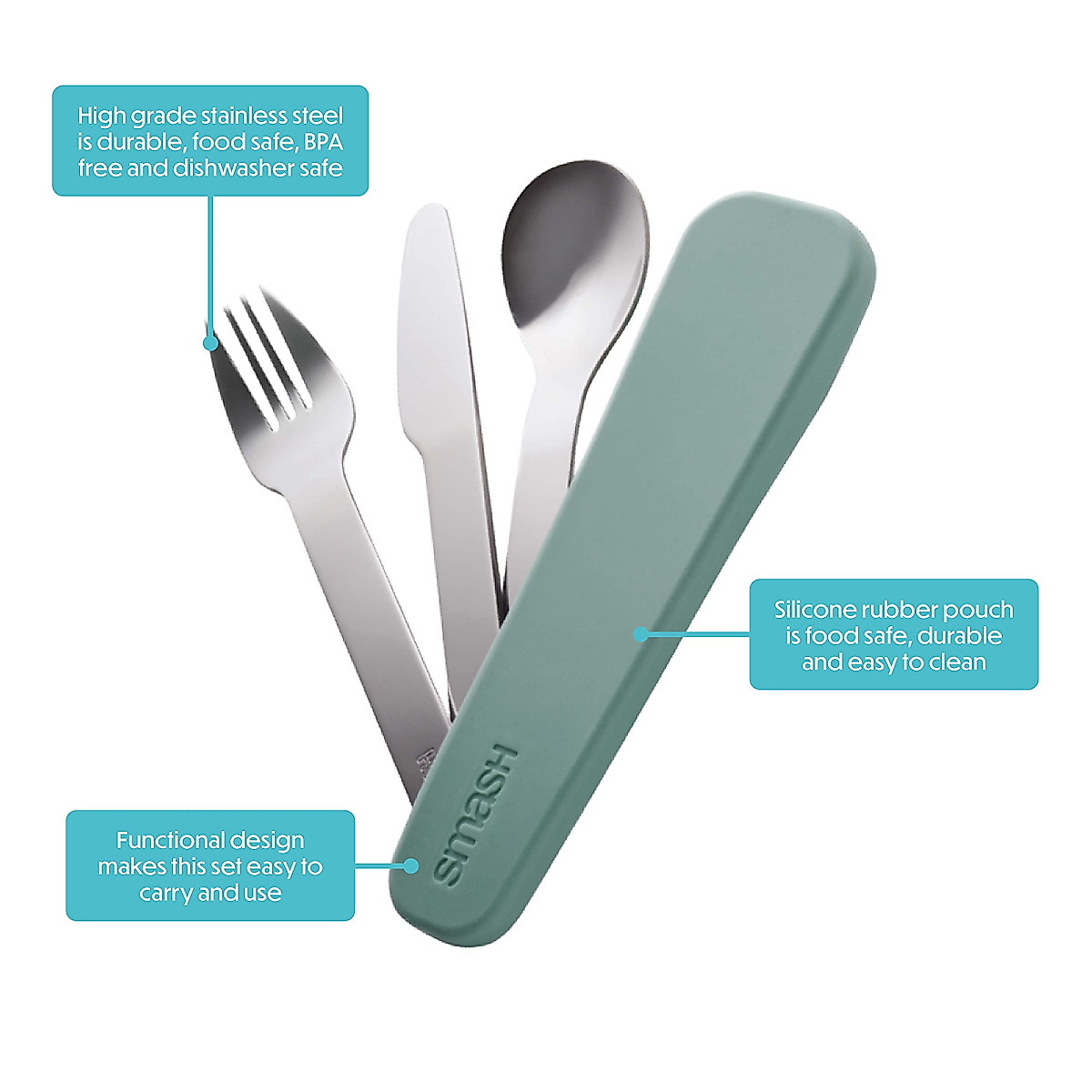 Smash Reusable Stainless Steel Travel Utensils/Cutlery Set with Silicone Case Sage