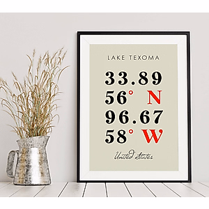 Map of Lake Texoma, United States, Multiline Coordinates Colored (8x10)