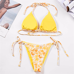 Women's Two Piece Bikini Swimsuit Set Floral Padded Top Tie Side Triangle Thong Bathing Suit Yellow