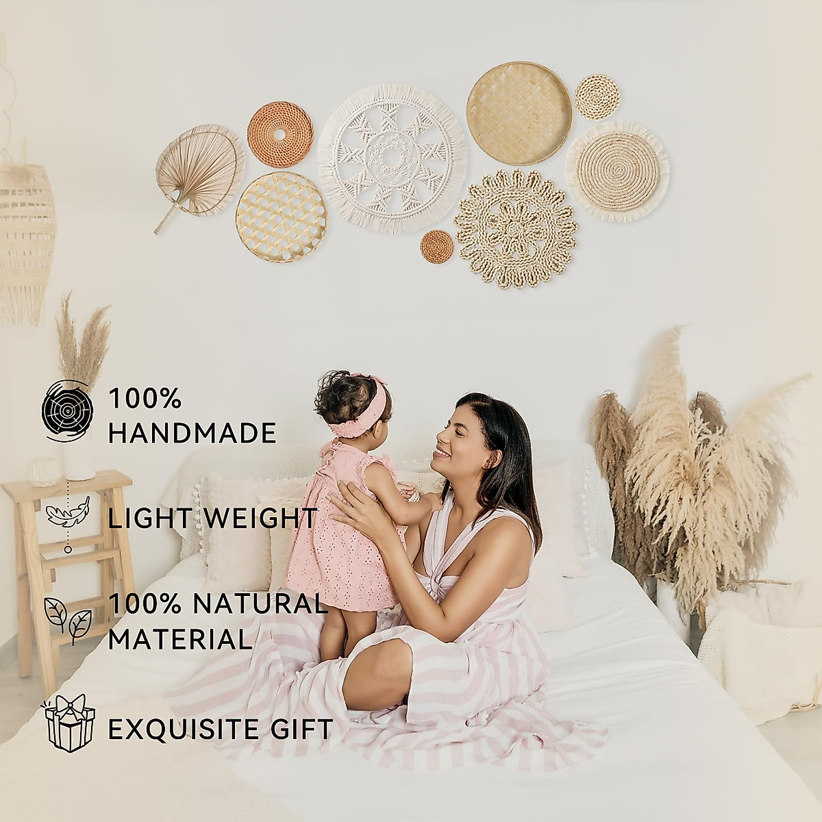 SMGY Set of 9 wall basket decor hanging boho Rattan Flat Woven Macrame Tassels Bamboo handmade serving tray art set for living room bedroom dining room-3.2-14.5in