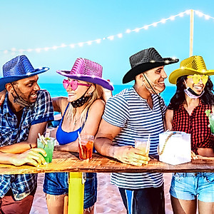 Coume 23 Pcs Cowboy Light up Hat Bulk Flashing Holographic Cowgirl Hats with Heart Sunglasses for Women Costume Accessories(Elegant Color, Delicate Style)