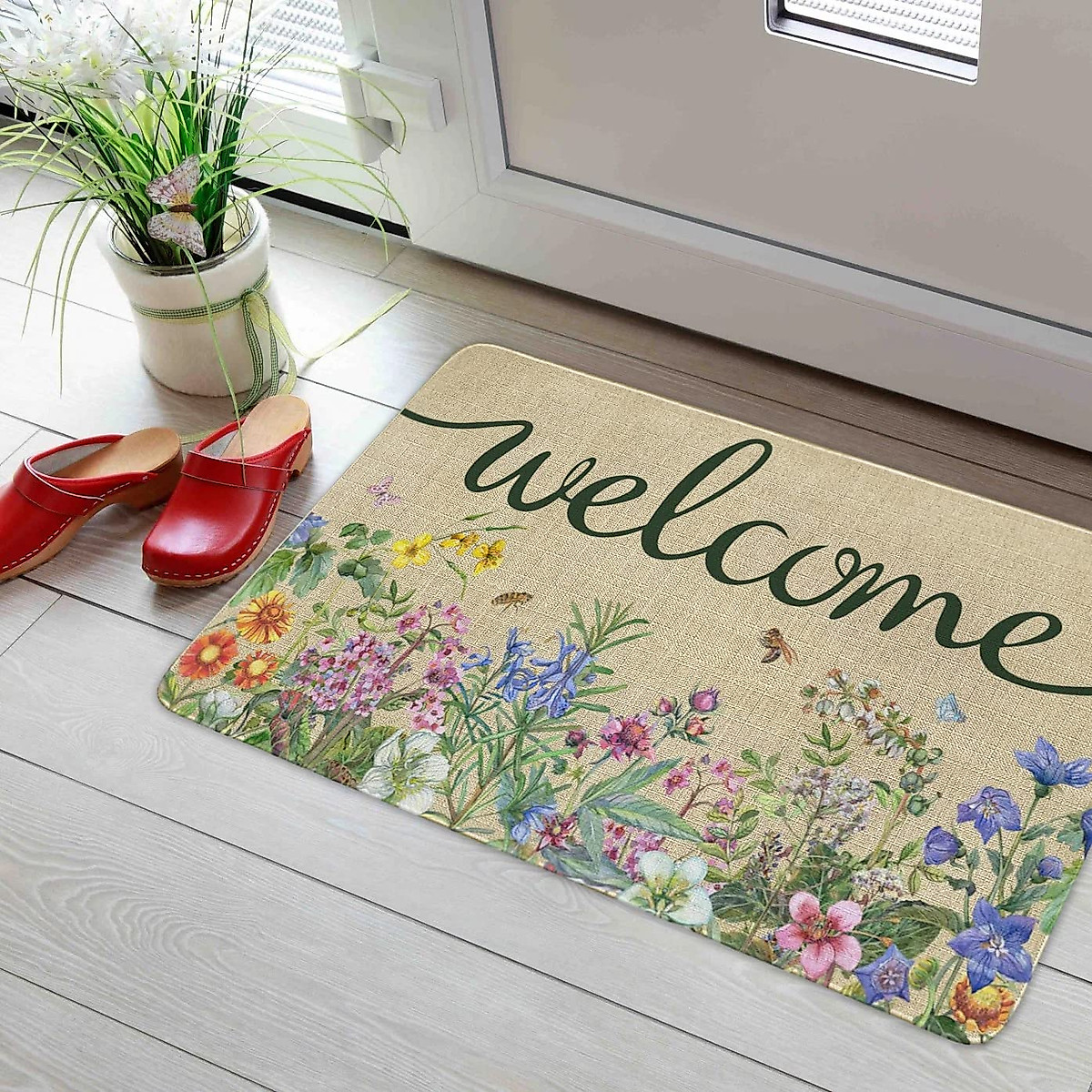 Ghroiep Welcome Floral Decor Doormat, Home Spring Summer Flower Front Door Mats, Indoor Outdoor Non Slip Reusable Entrance Rug 17"x30"