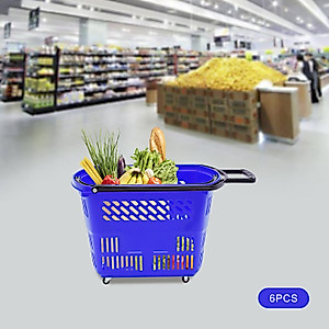 6PCS Shopping Carts, 35L w/Wheels and Handle, Shopping Basket Plastic Rolling Shopping Basket for Carrying and Storing Clothing Groceries (Blue)