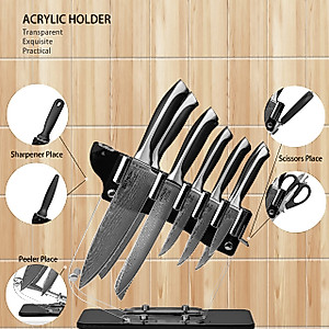 CULITECH 10+3 Piece Knives Set, Household Pro Kitchen Damascus Knife Sets with scissors,peeler sharpener, Acrylic Holder