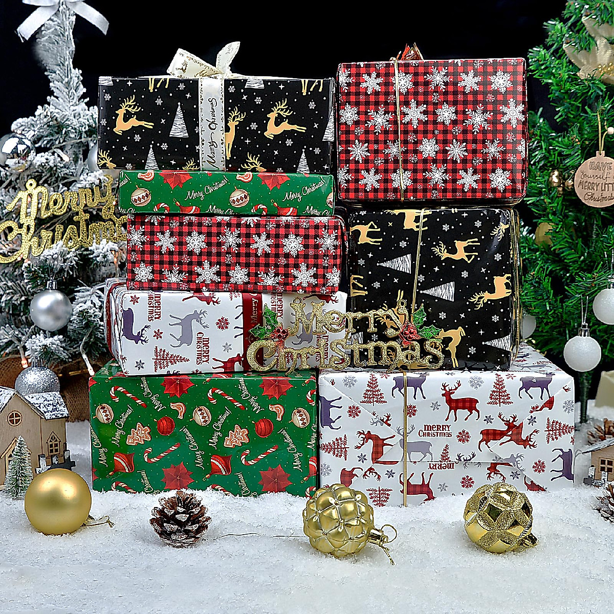 Christmas Wrapping Paper for Women Men Boys Girls,12Pcs Xmas Gift Wrapping Paper with Reindeer, Christmas Tree, Snowflakes, "Merry Christmas" Words, Candy Canes, Bells, Holiday Gift Wrap 20×29 Inch