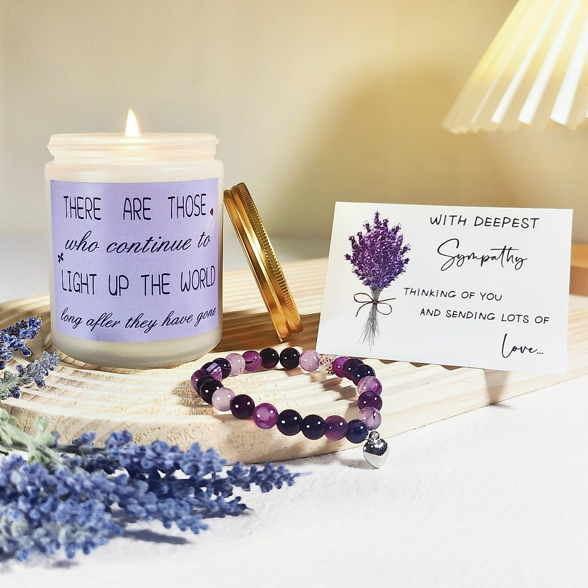 Memorial Scented Candles Gifts Baskets for Loss of Loved One, Sympathy Bereavement Thoughtful Grief Gift Ideas for Women, 7oz Lavender Candle, Healing Bracelets, Condolences Card, Sorry for Your Loss