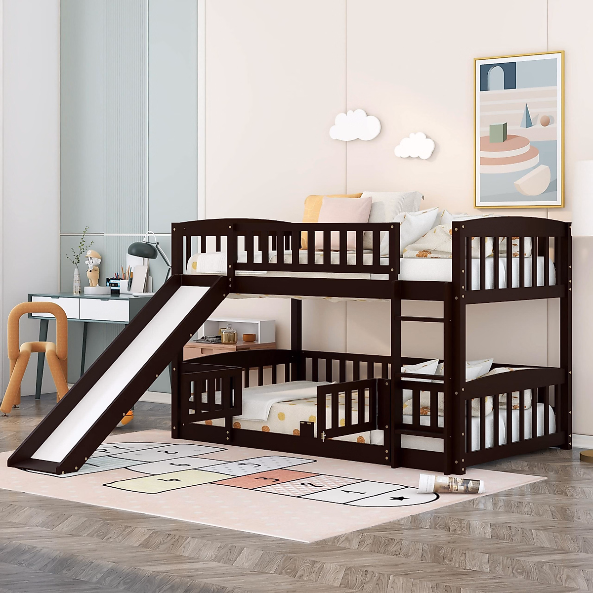 Harper & Bright Designs Low Kids Bunk Bed with Slide, Twin Over Twin Bunk Bed Frame with Fence, Ladder, Safety Guardrail, Wood Bunk Bed with Fun Small Door for Toddler Kids Teens (Espresso)