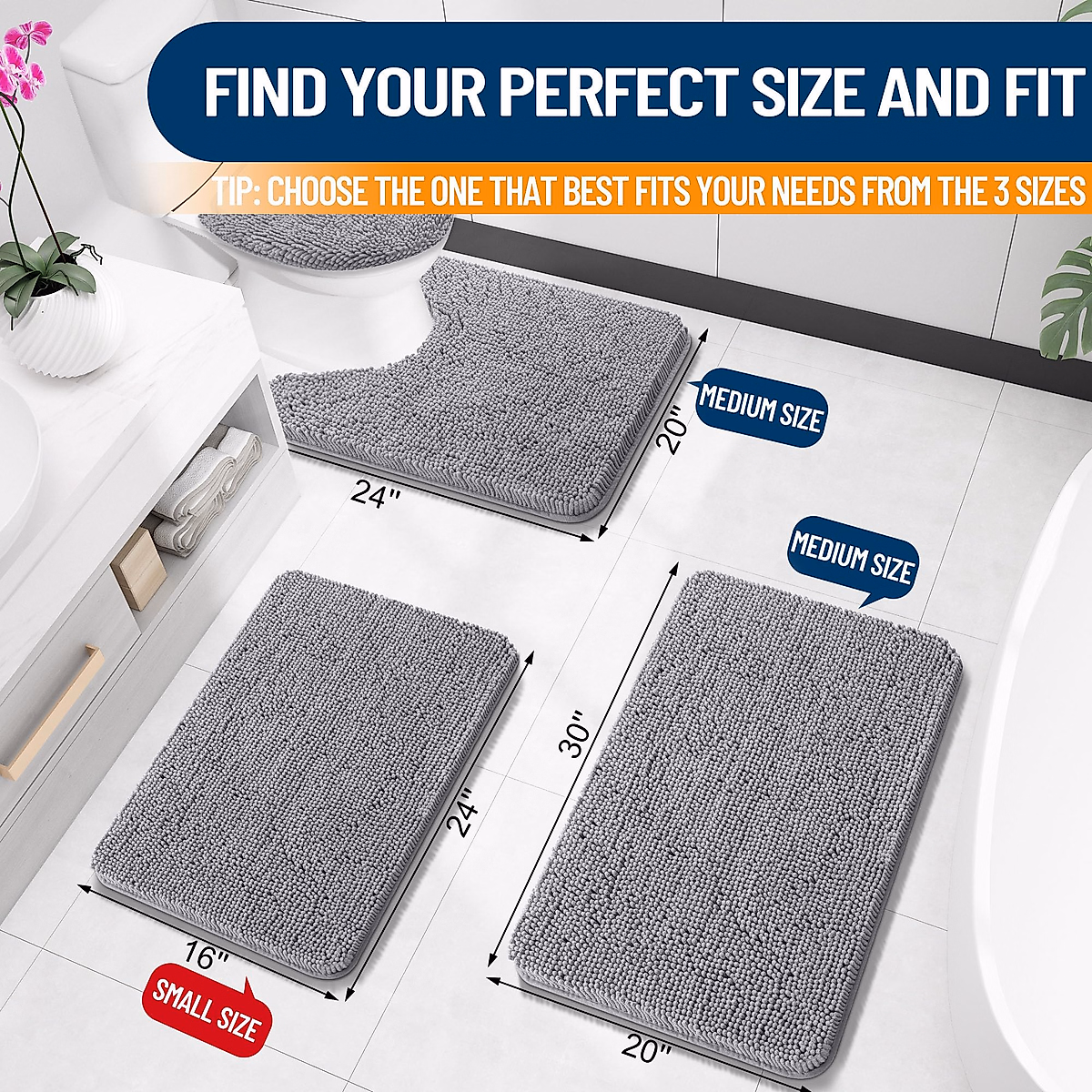 OLANLY Bathroom Rugs 30x20, Extra Soft Absorbent Chenille Bath Rugs, Rubber Backing Quick Dry, Machine Washable Bath Mats for Bathroom Floor, Tub and Shower, Home Decor Accessories, Grey