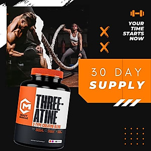 Creatine Capsules - 5g of Premium 3X ThreeAtine Pre Workout Bulk Muscle Mass Gainer - High Absorption Easy-to-Take Creatine Monohydrate Capsules Optimum Performance for Men Women - 180 Capsules