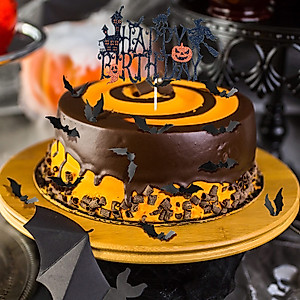 Halloween Happy Birthday Witch Cake Topper with 30 Pieces 3D Bats Cake Decoration Black Glittery Halloween Pumpkin Cake Topper Ghost Cake Picks for Birthday Halloween Party Supplies