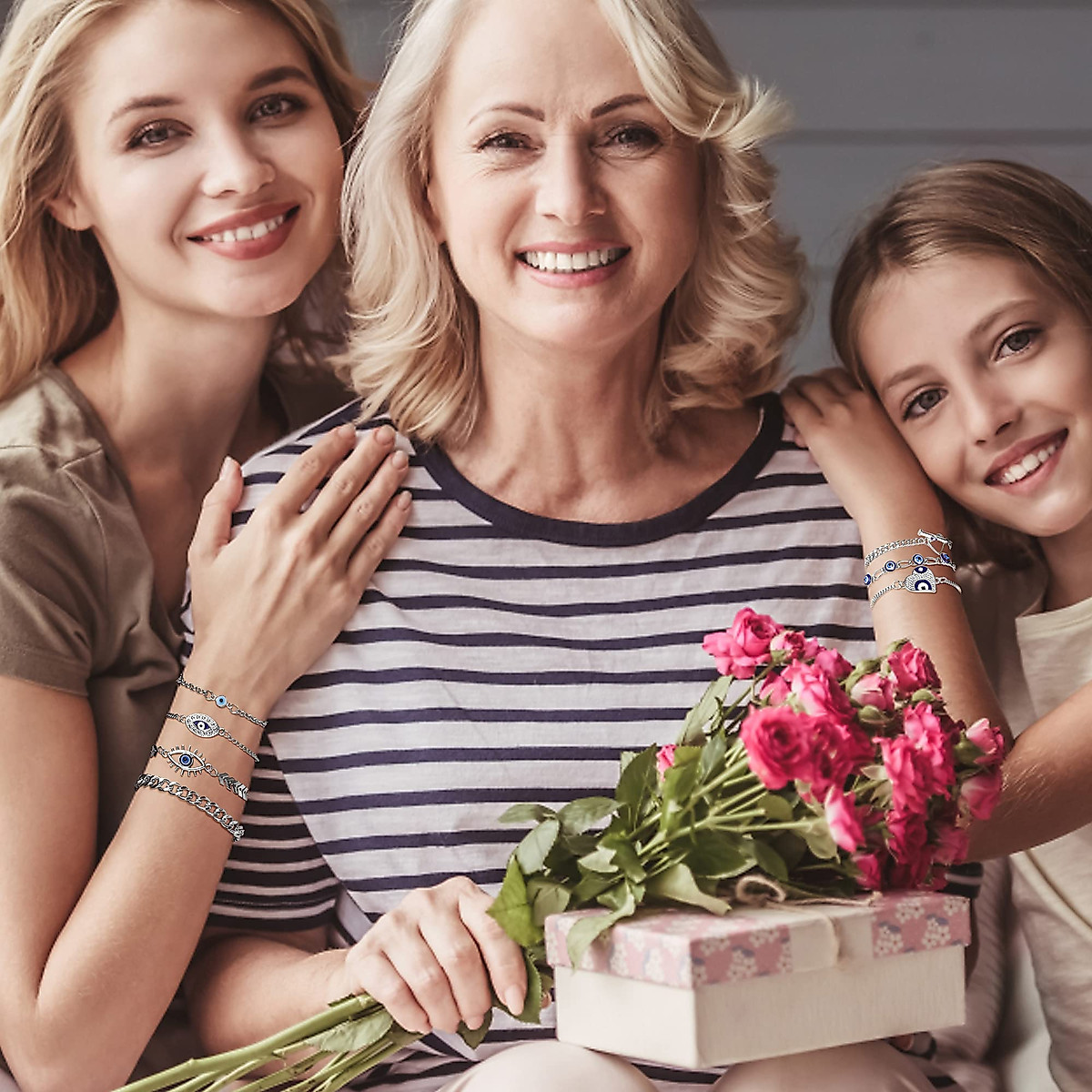 ORAZIO 16Pcs Evil Eye Bracelets for Women Bangle Link Chain Bracelet Set Silver Tone(Style 1)