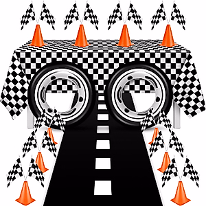 24 Pieces Race Car Party Supplies Include Traffic Cones Checkered Flag Race Flags Checkered Tablecloth Race Track Running Mat and Tire Tube Swimming Ring for Car Themed Birthday Party Decorations