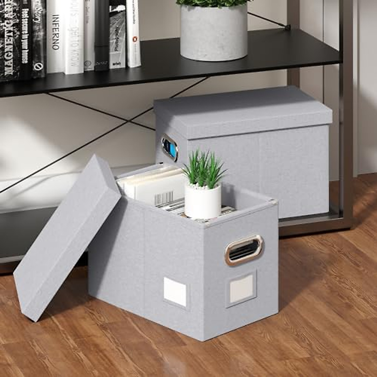 DYWMM Hanging File Box with Lid, Set of 2 Filing Organizer Storage Box, Linen Collapsible Decorative Office/Home File Cabinet (14x9.3x10.9 inch) (Light Gray)