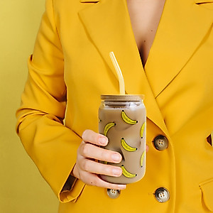 BANANA POP-ART CUP, TUMBLER, ICED COFFEE CUP, BAMBOO LID, GLASS STRAW, 12 OZ DRINKING GLASS, BEER CAN SHAPED GLASS, MASON JAR, BANANA GIFT, BANANA ACCESSORIES, BANANA CUP, ICED TEA, LEMONADE CUP
