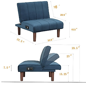 JUBILOOM Comfy Small Mini Couch, Recliner Futon, Armless Mini Sofa with Adjustable Backrest& 3 USB Port, Single Sofa Couches for Small Spaces, Living Room Office, Blue Velvet, 305BL1USB