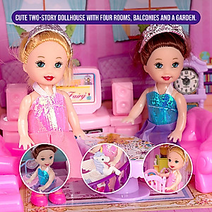Dollhouse with 2 Princesses, 4 Unicorns, Dog, Furniture and Accessories - Pink and Purple Dream Doll House Toy for Little Girls - 5 Rooms w/Garden, Furniture and Accessories, Gift for Girls Ages 2-8