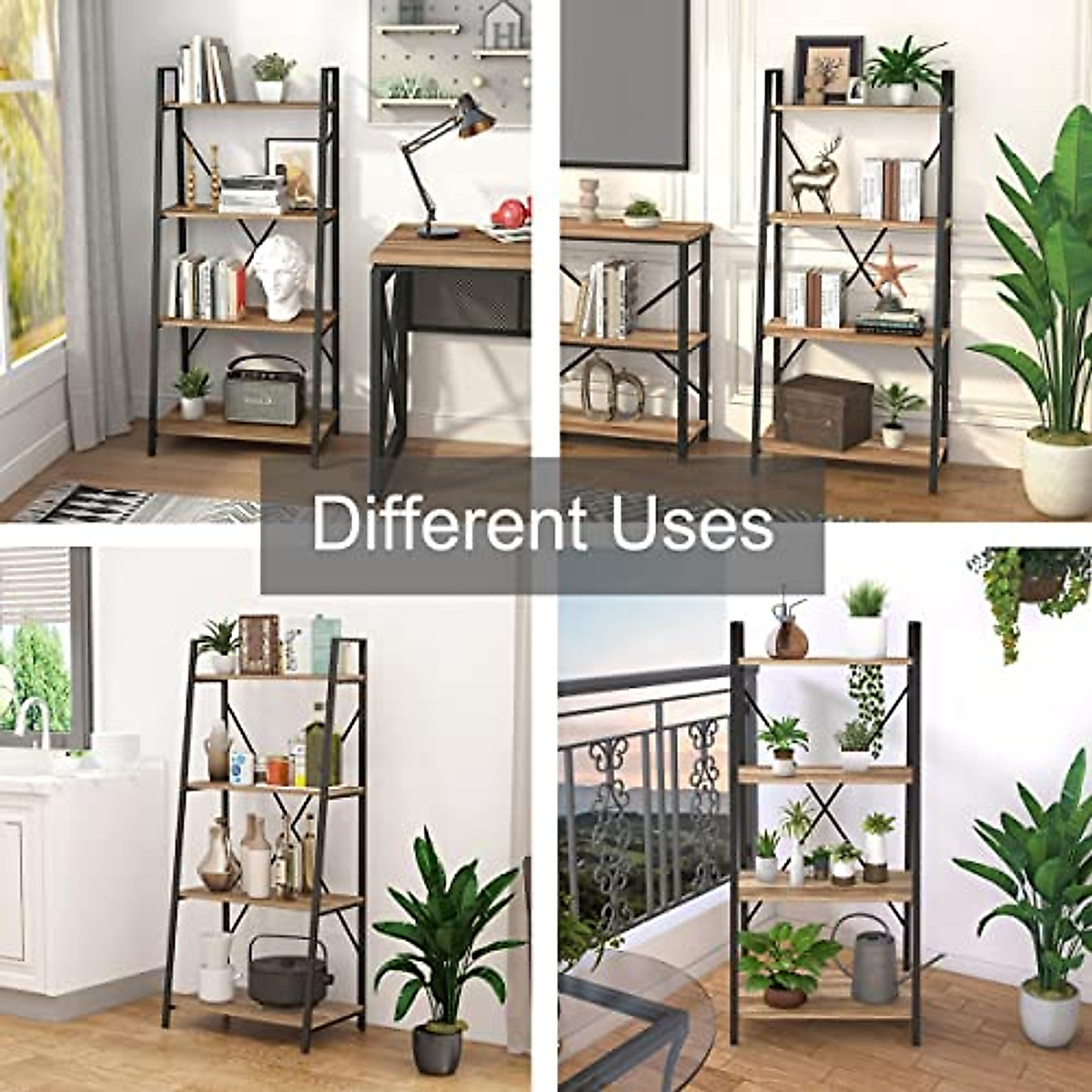 BON AUGURE Industrial Ladder Shelf Bookcase, 4 Tier Rustic Ladder Bookshelf, Standing Leaning Book Shelves for Living Room (Vintage Oak)…