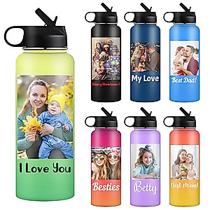 Personalized Insulated Water Bottle with Straw, Christmas Birthday Gift for Kids Women Men, Custom Stainless Steel Thermoses Cup with Photos Pictures Text, 32OZ