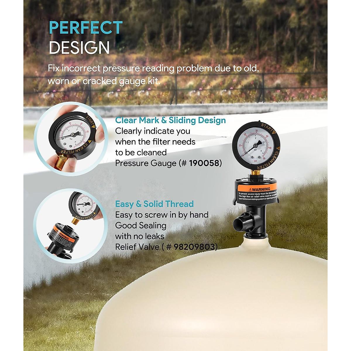 98209800 High Flow Manual Air Relief Valve w/Pressure Gauge Replacement for Pool and Spa Filter