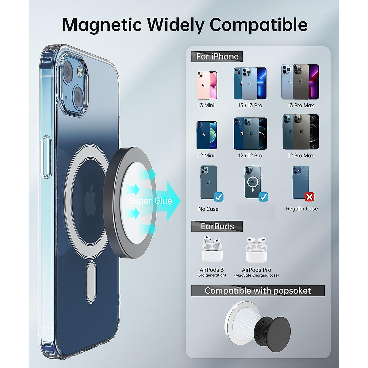 ARLIFE Sticky Magnetic Phone Wall Mount Compatible with Magsafe iPhone 14 13 12 Mini Pro Max, Holder for Samsumg and All Smartphones with Metal Ring. Wall Car Automobile Cradles Dash Shower Mount