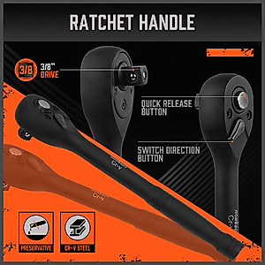 HORUSDY 3/8" Drive Impact Socket Set, 50-Piece Standard SAE (5/16 to 3/4 inch) and Metric (8-22mm) Size, 6 Point, Cr-V, 3/8-Inch Drive Ratchet Handle, Drive Extension Bar, Impact Universal Joint