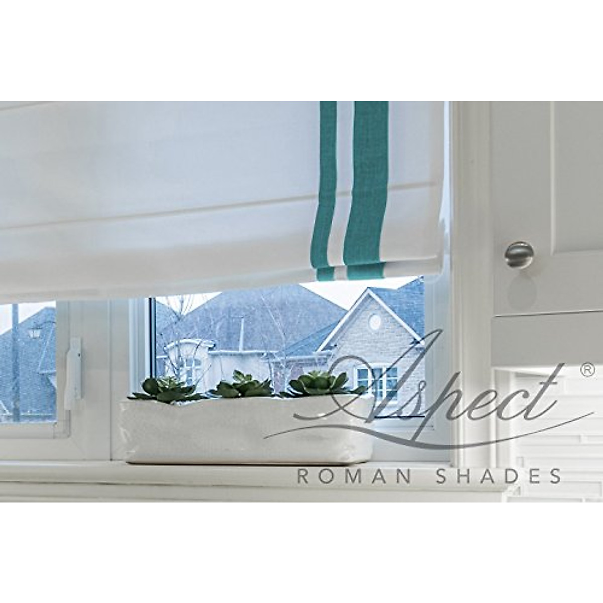 LOGANOVA Flat Roman Shade Chevalle Seafoam. White background with double blue green border and chain mechanism. Custom made.