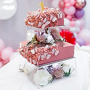 Nynelly Acrylic Cake Stand with Lid, Square Cake Riser Clear Cake Box Stand, Fillable Cube Pedestal Stands for Parties, Decorative Centerpiece for Wedding Birthday Party (2pcs, 8" Dx4”H; 12" Dx4”H)