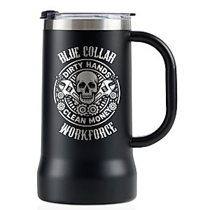 Onebttl Blue Collar Gifts for Men, Boyfriend, Stainless Steel Beer Stein Tumbler, 24oz Beer Mug with Lid for Mechanic, Welder, Construction Worker
