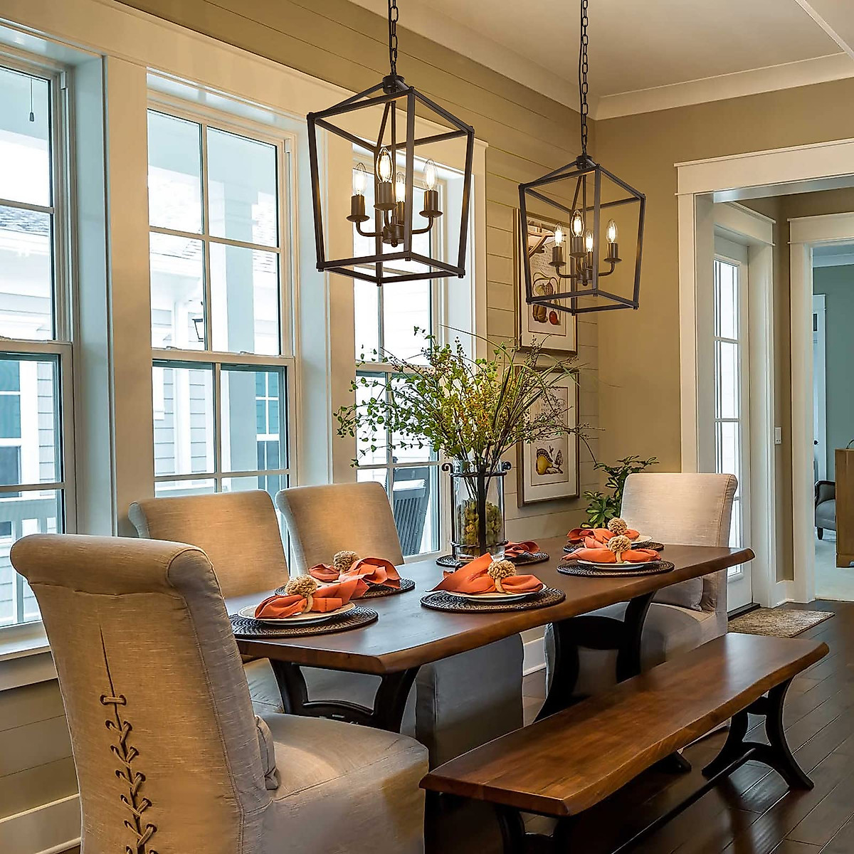 GZJunYo 4-Light Black Farmhouse Chandelier Light Fixture Iron Lantern Pendant Light Metal Cage Kitchen Hanging Light Fixtures for Kitchen Island, Dining Room, Entryway, Foyer, Hallway