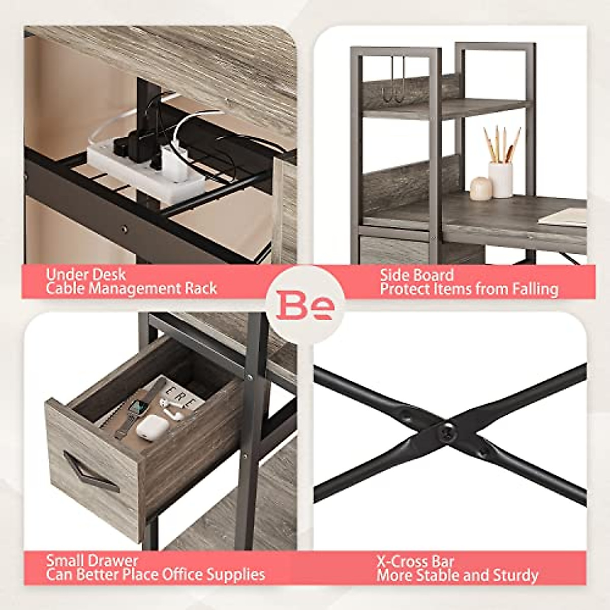 Bestier Home Office Desk with Drawer and Cable Management Rack, 47 Inch Computer Desk with Shelves, Writing Desk with Reversible Storage Bookshelf (Retro Grey Oak Dark)