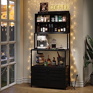 Furniouse 5-Tier Kitchen Bakers Rack with Power Outlet, Industrial Microwave Oven Stand with Shelves, Kitchen Utility Storage Shelf with Cabinet, Standing Kitchen Storage Rack,Black