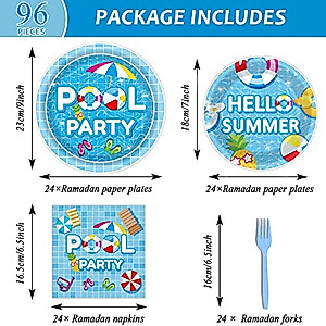 96 Pieces Pool Party Tableware Set for Summer Beach Table Decorations Supplies Beach Ball Birthday Dessert Plates Summer Pool Party Napkins Forks for 24 Guests Hawaiian Pool Birthday Party Favors