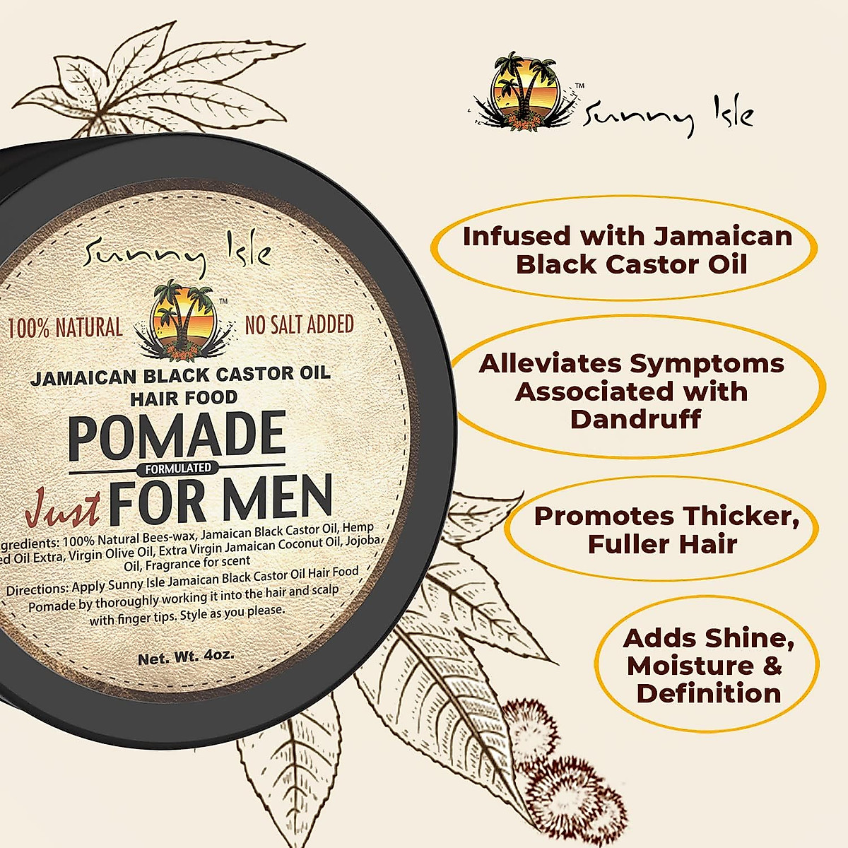 Sunny Isle Jamaican Black Castor Oil Hair Food Pomade For Men, 4 oz | For Dry Scalp, Hair Breakage, Growth Stimulation, Frizz Control & Dandruff