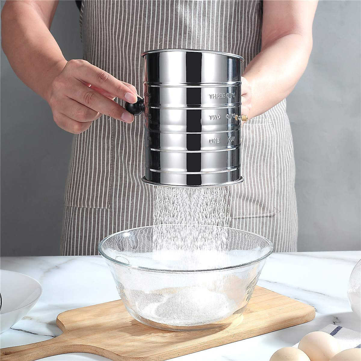 Flour Sifter for Baking Stainless Steel 3 Cup with 4 Wire Agitator Rotary Hand Crank 16 Fine Mesh Screen,Corrosion Resistant Baking Sieve Cup